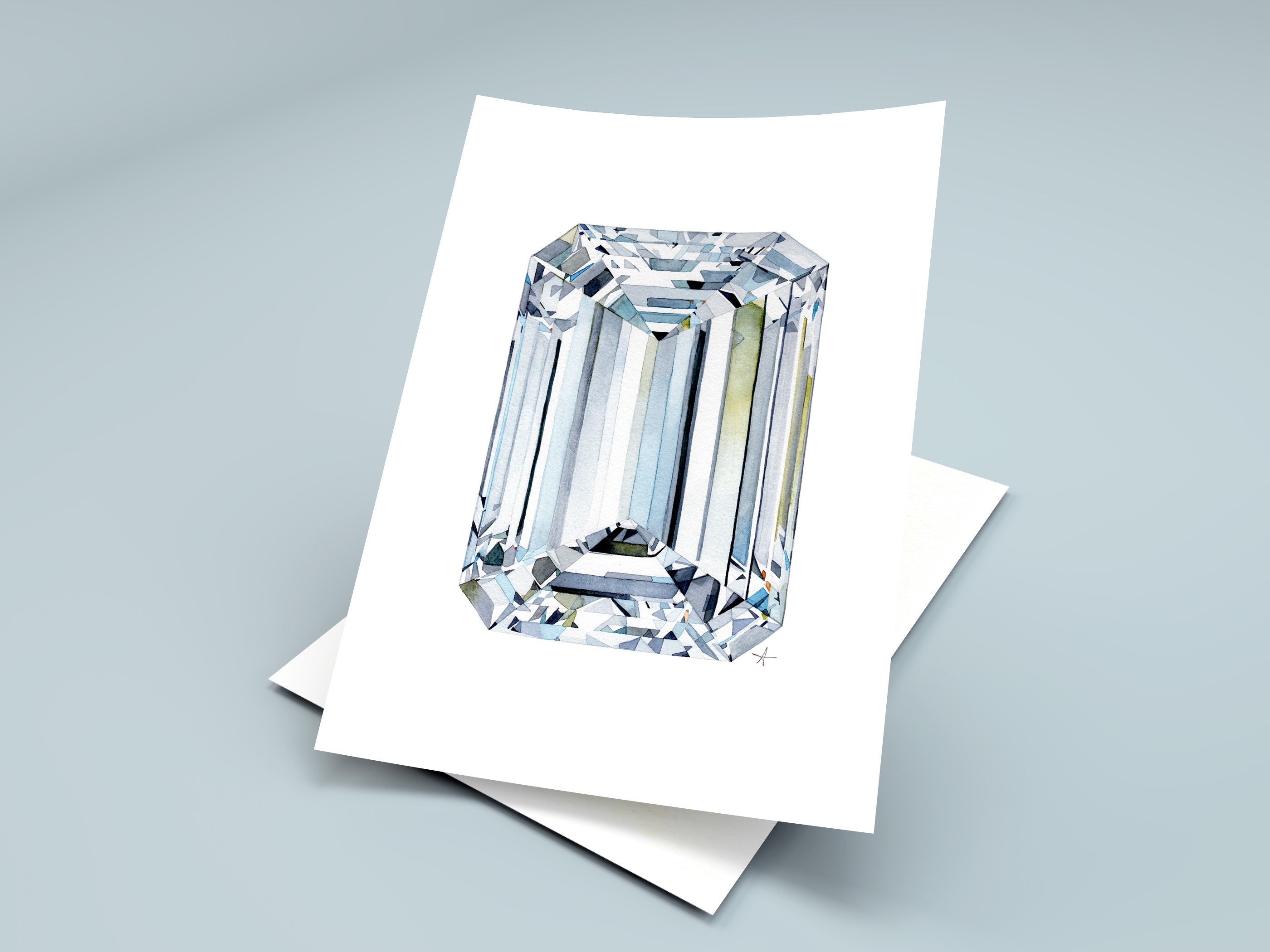 Diamond Gemstone Watercolor Painting, Emerald Cut Diamond Artwork ...