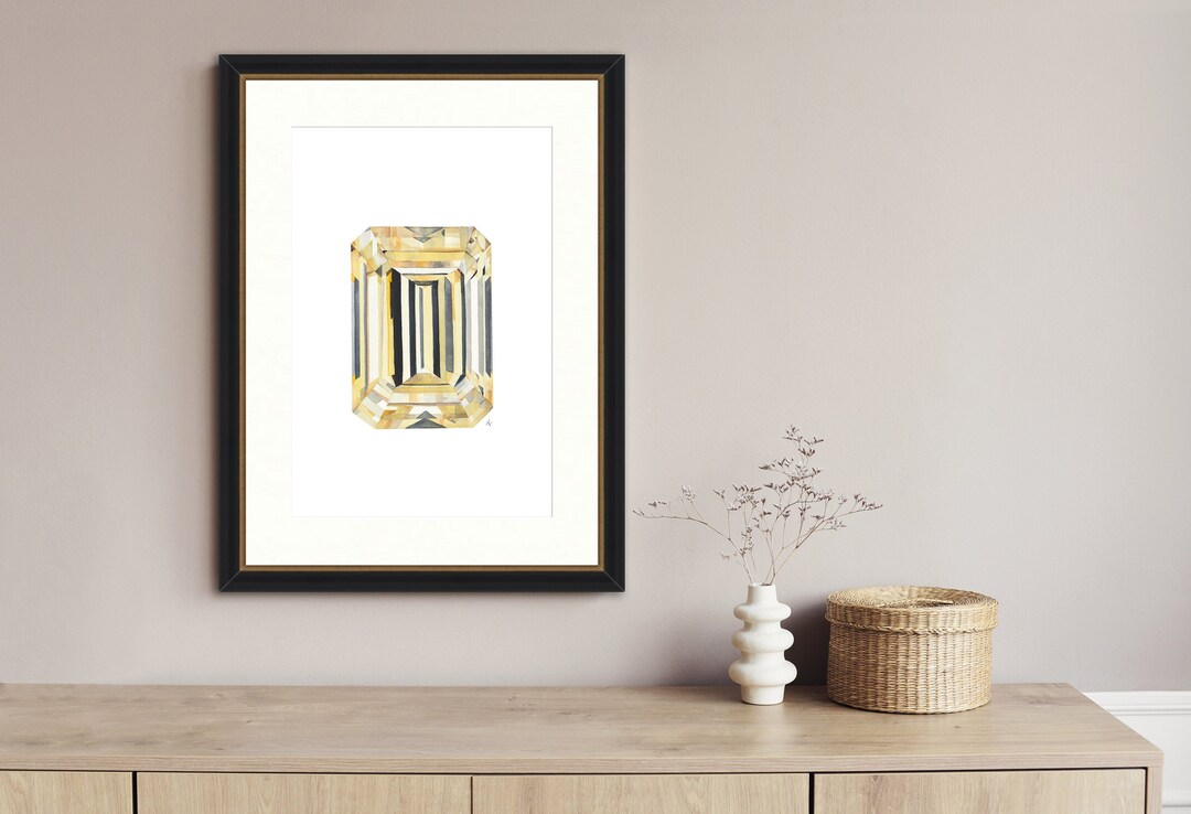 ORIGINAL ART Canary Yellow Diamond Watercolor Painting, Emerald Cut ...