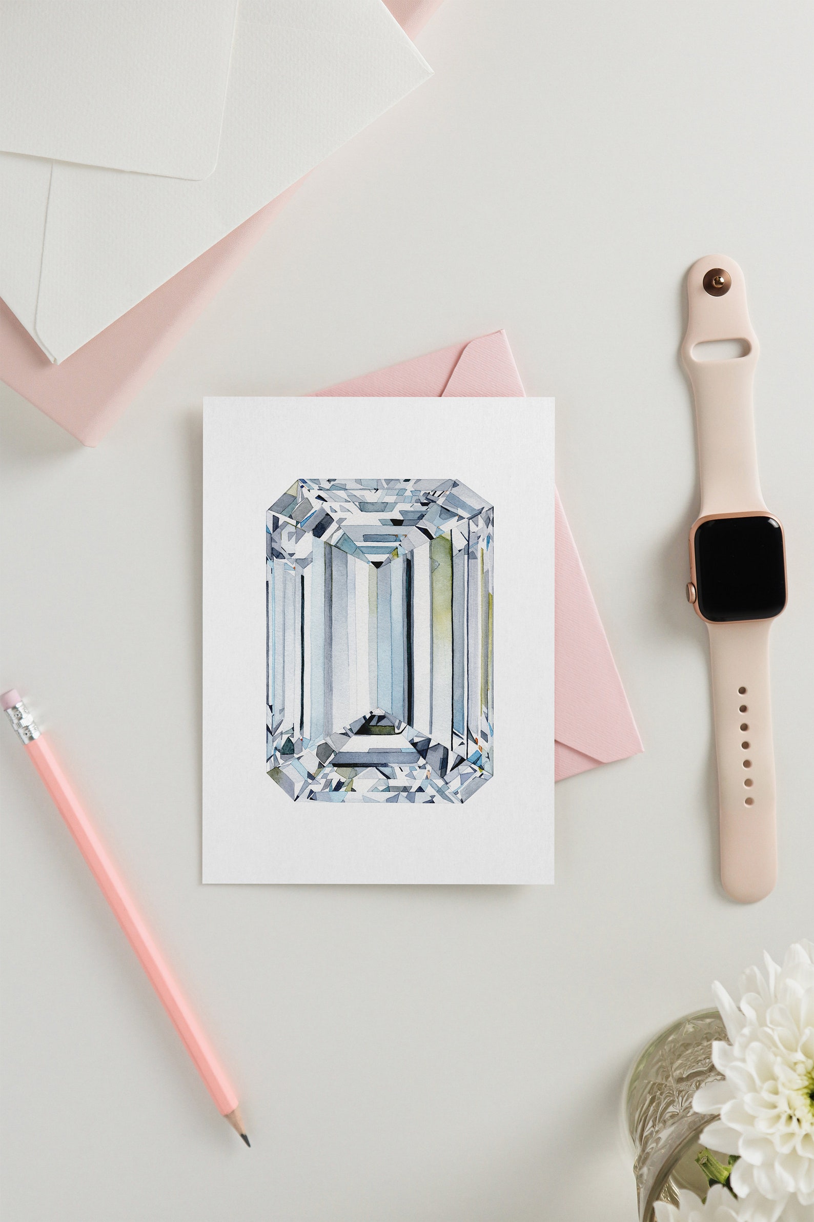 White Diamond Gemstone Watercolor Greeting Card, Emerald Cut Birthstone ...