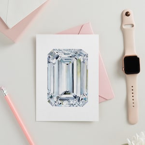 White Diamond Gemstone Watercolor Greeting Card, Emerald Cut Birthstone ...