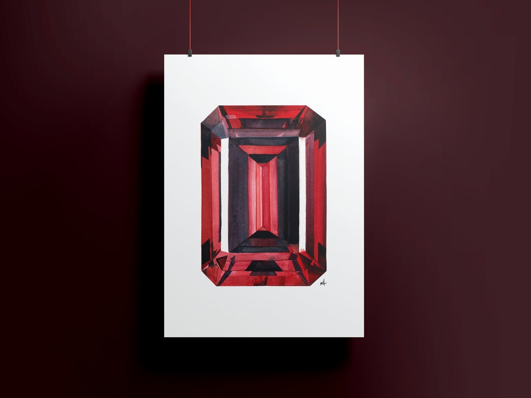 Ruby Gemstone Watercolor Painting, Emerald Cut Ruby Artwork, Boujee ...