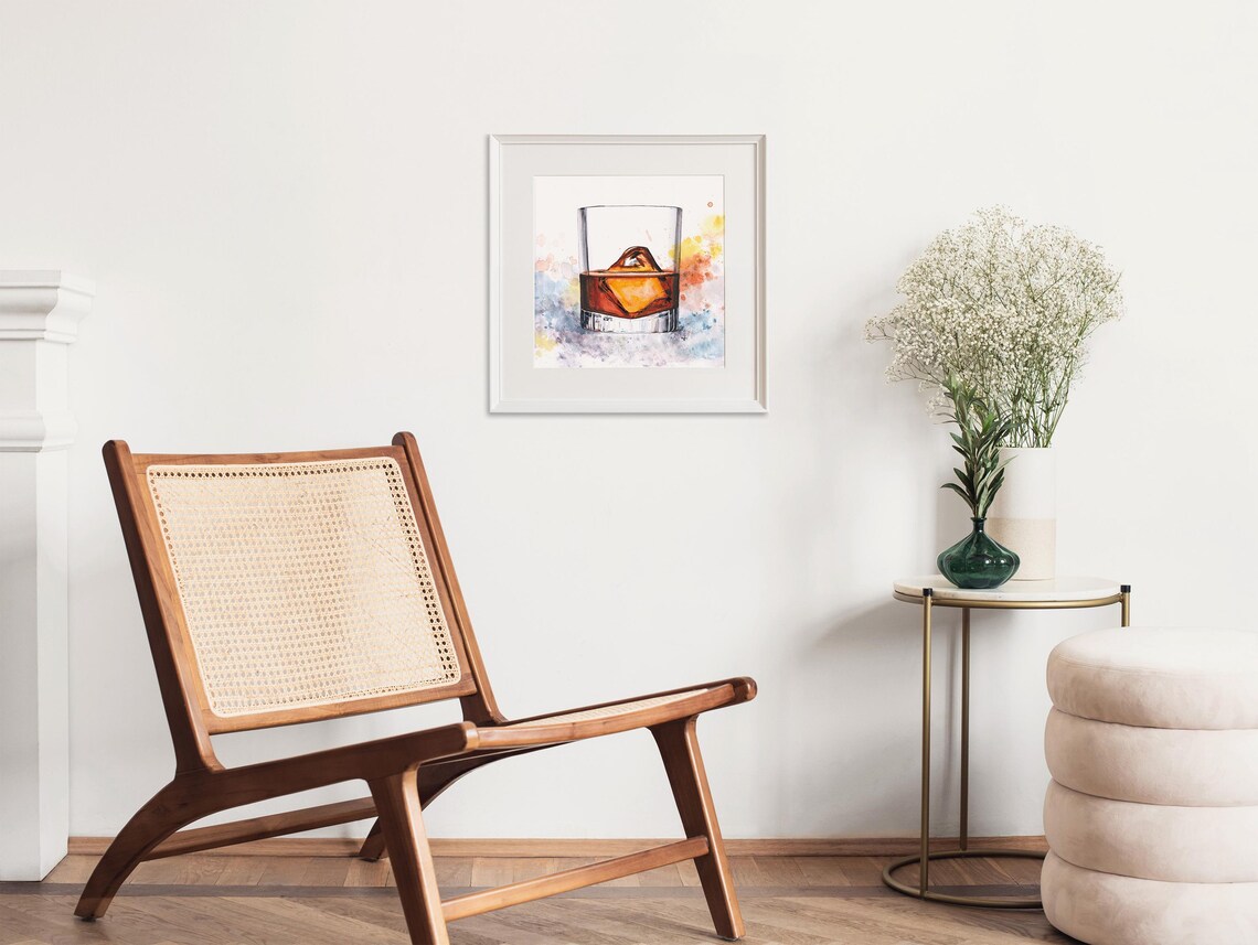 Bourbon on Rocks Drink Watercolor Print, Neat Whiskey, Wall Painting ...
