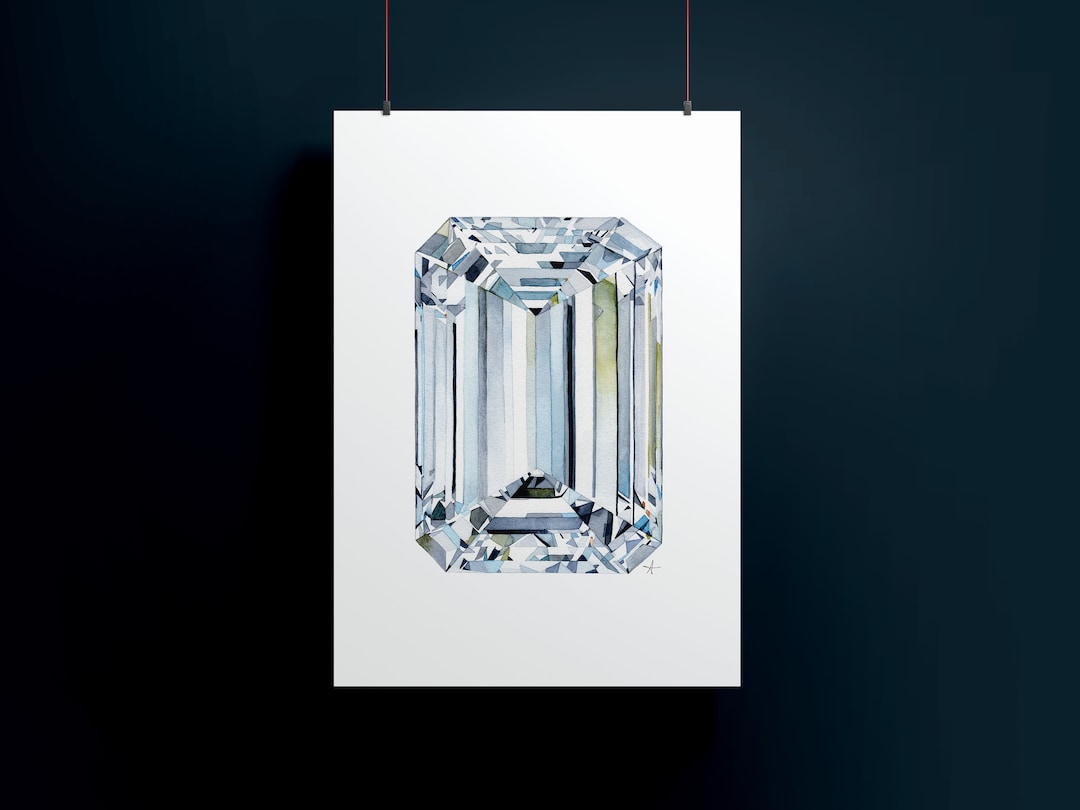 Diamond Gemstone Watercolor Painting, Emerald Cut Diamond Artwork ...
