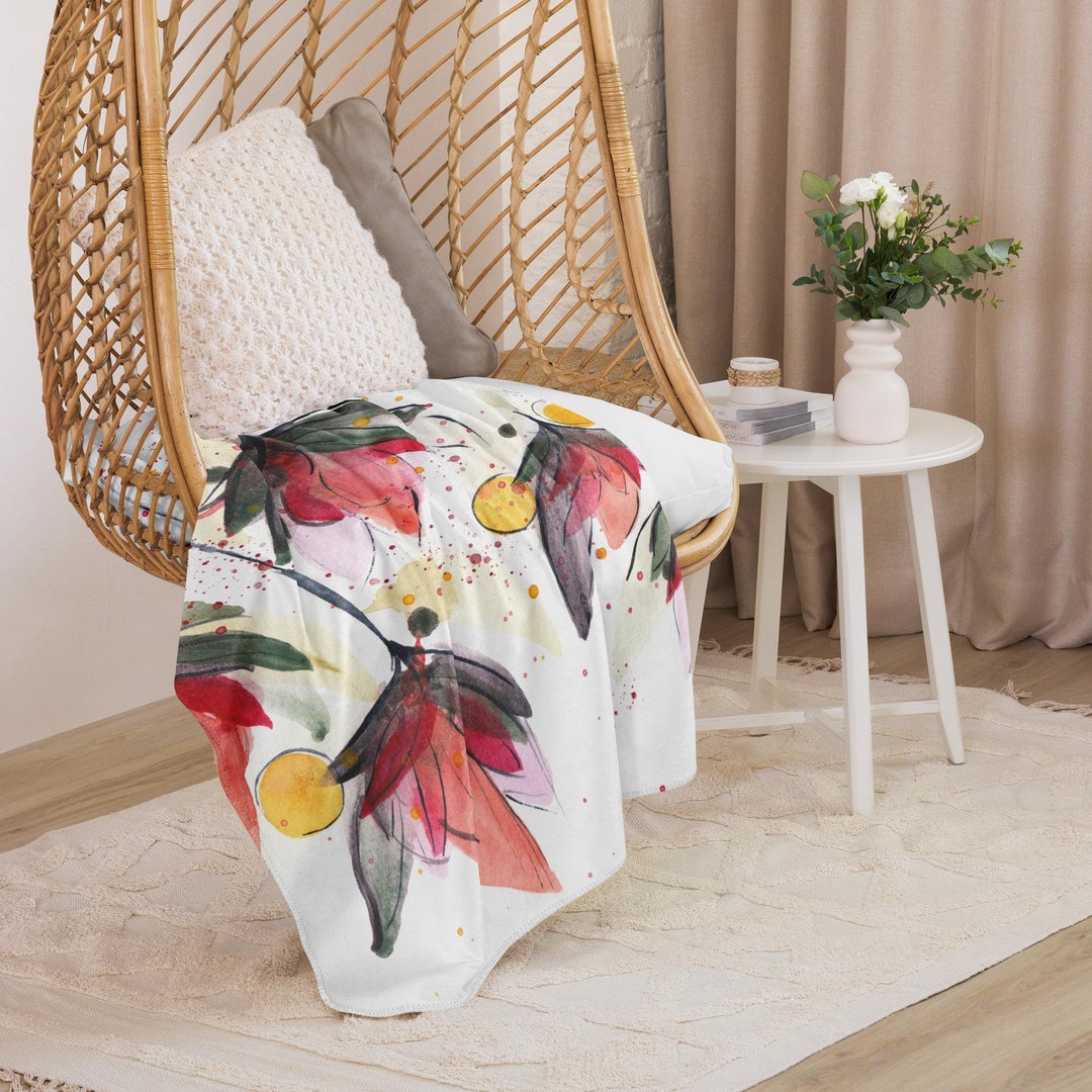 Red Flower Watercolor Painting on White Sherpa Blanket, Cozy Throw ...