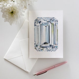 White Diamond Gemstone Watercolor Greeting Card, Emerald Cut Birthstone ...