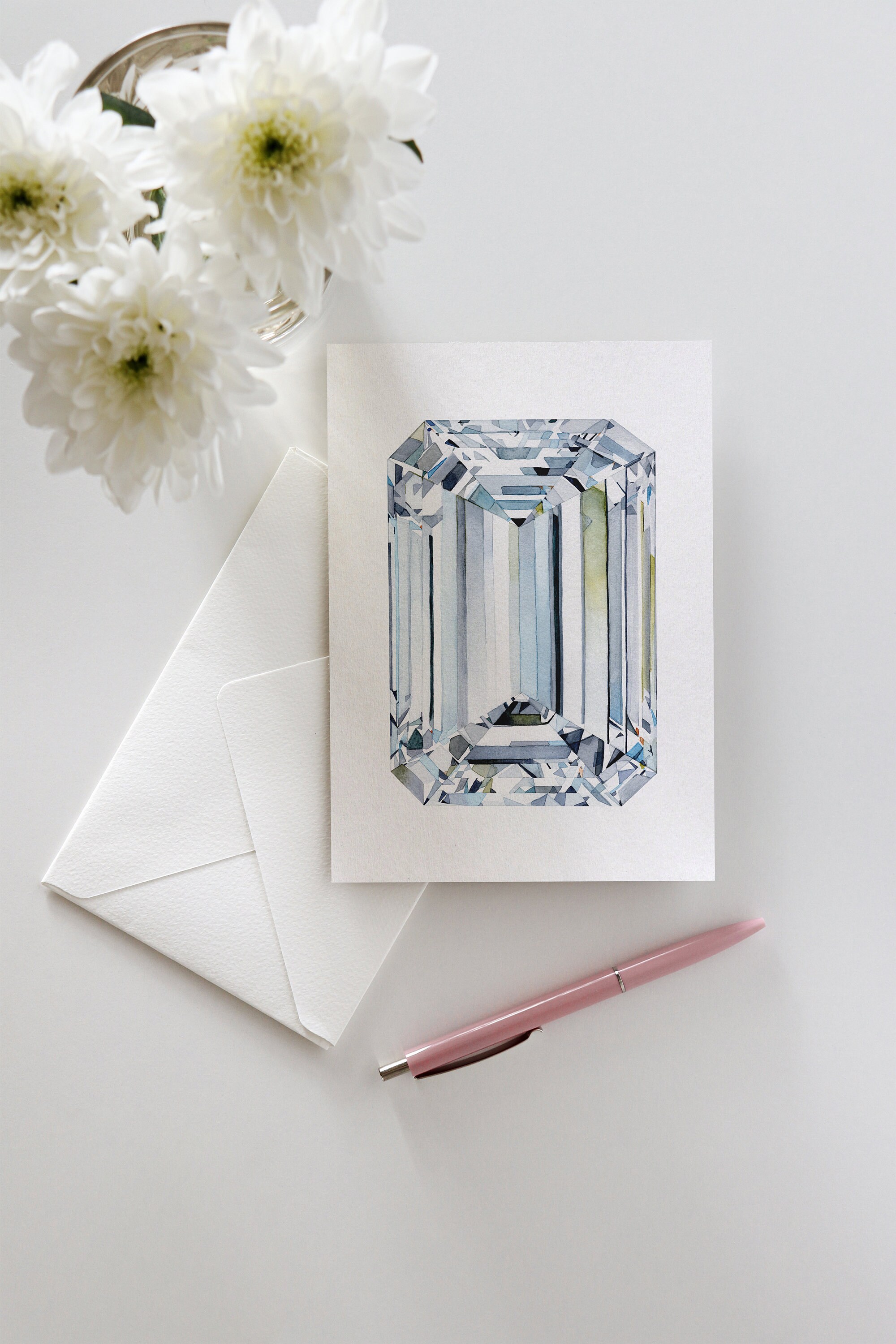White Diamond Gemstone Watercolor Greeting Card, Emerald Cut Birthstone ...