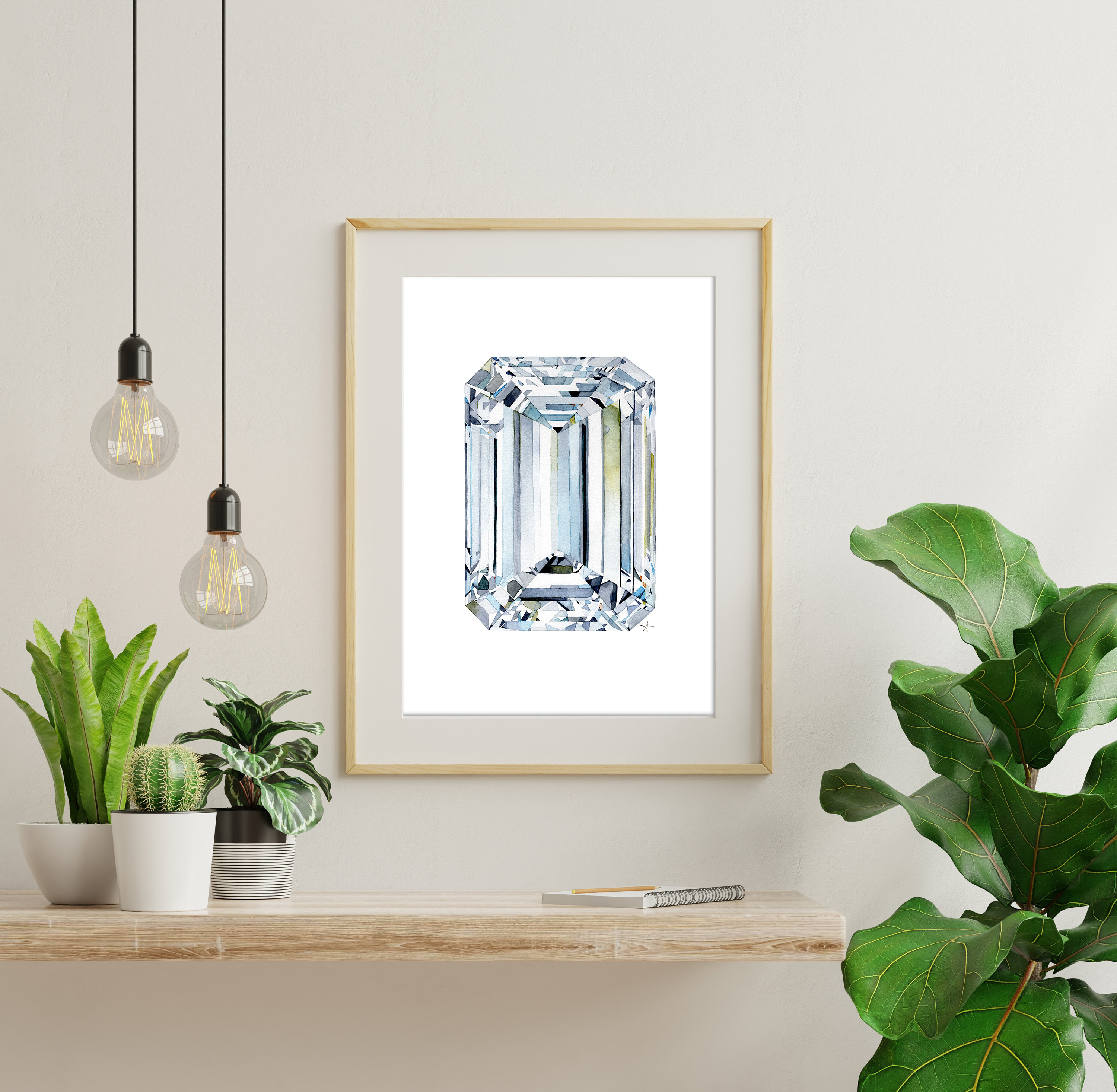 Diamond Gemstone Watercolor Painting, Emerald Cut Diamond Artwork ...