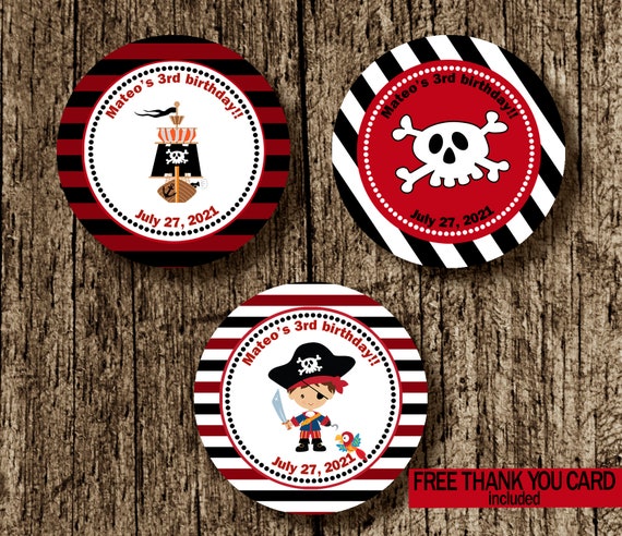 Pirate party label - pirates thank you sticker - pirate ship cupcake ...