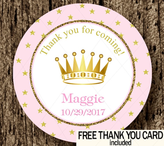 Princess thank you tag - gold crown favor sticker - princess birthday ...
