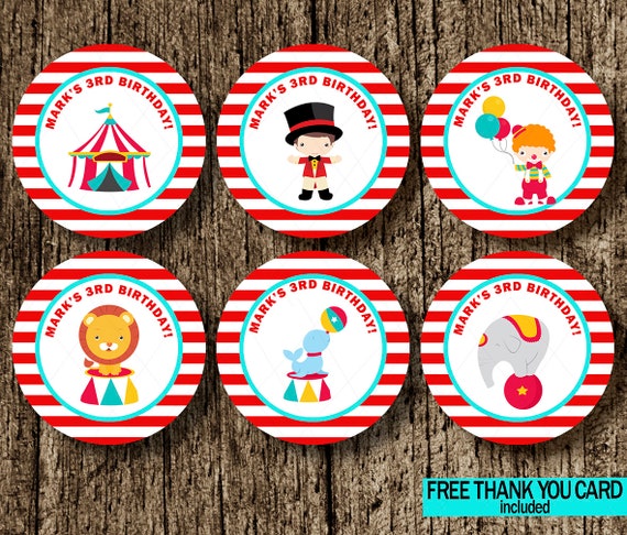 Circus favor sticker - red circus goodie bag label - clown party ...