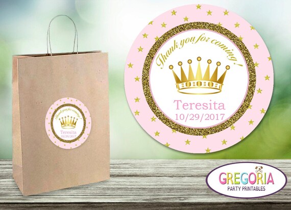 Princess thank you tag - gold crown favor sticker - princess birthday ...