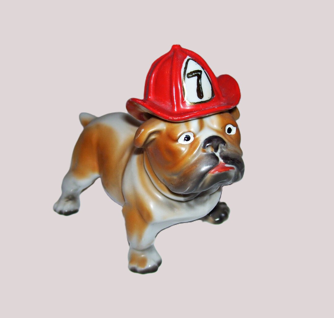 Bulldog Wearing Fireman Helmet Figurine Firefighter Bull Dog Fire Hat 7 ...