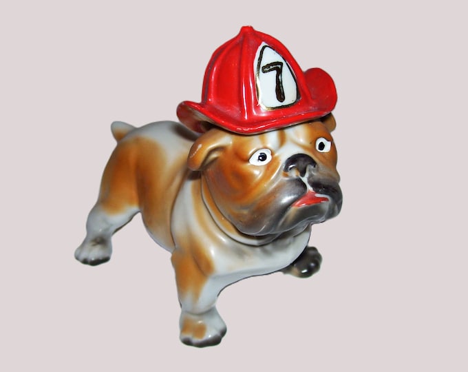 Bulldog Wearing Fireman Helmet Figurine Firefighter Bull Dog Fire Hat 7 ...