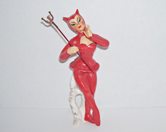 Vintage Red Devil Lady Figurine With Trident Pitchfork Halloween - Etsy