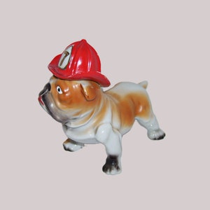 Bulldog Wearing Fireman Helmet Figurine Firefighter Bull Dog Fire Hat 7 ...