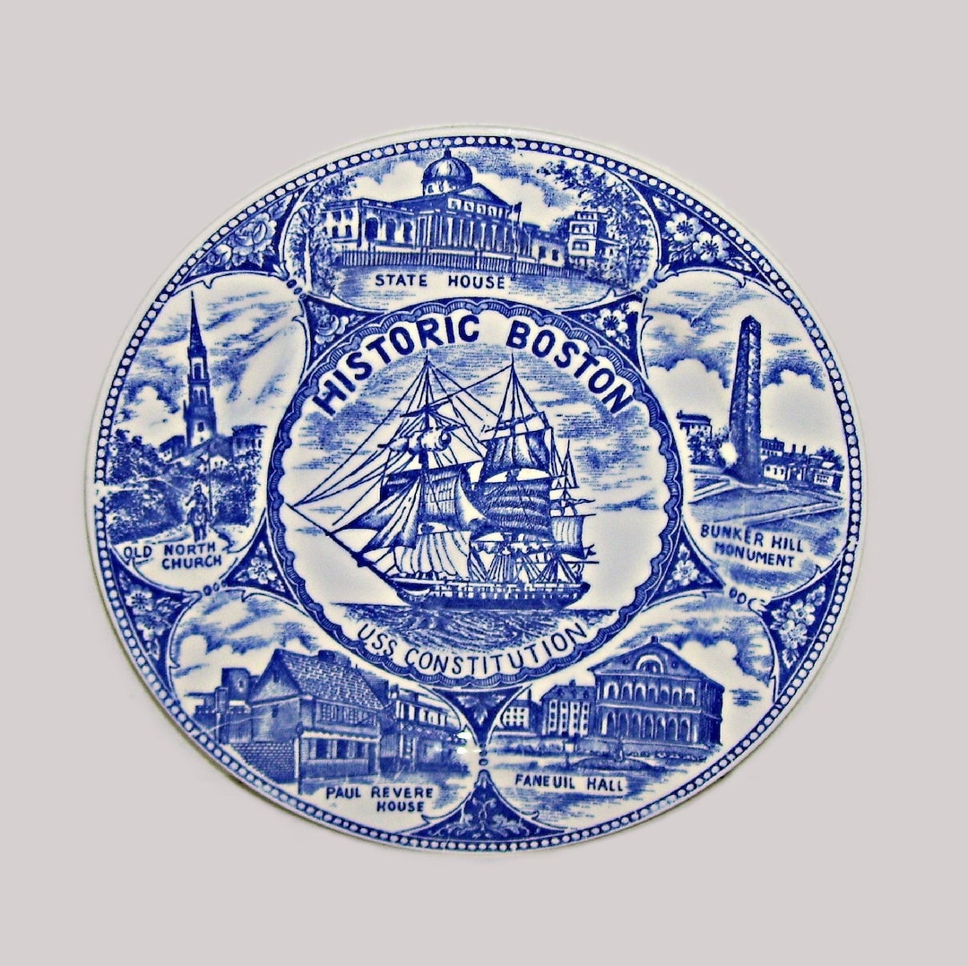 Vintage Historic Boston Plate Blue Transferware USS Constitution Ship ...
