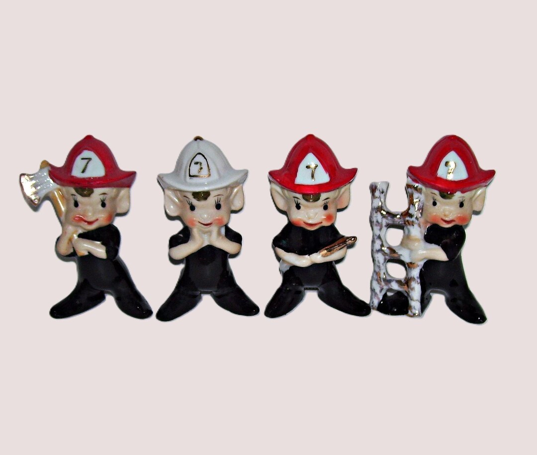 4 Vintage Elf Fireman Figurines Pixie Firefighters Figures With Hose ...
