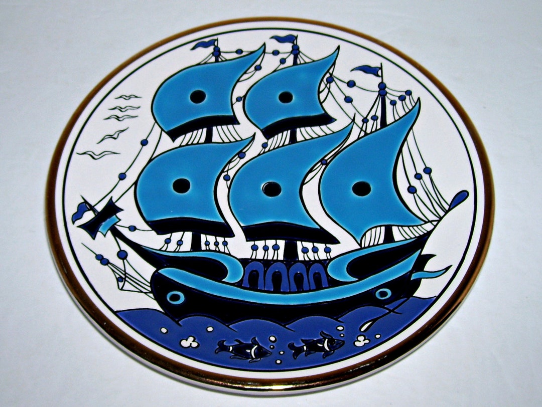 Vintage Greek Plate Ship Ocean Fish Manousakis Keramik Rodos Greece ...