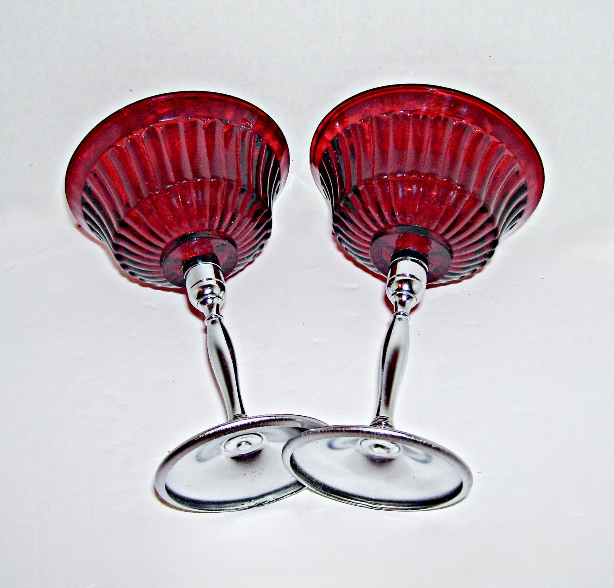 2 Vintage Ruby Red Cocktail Glasses Chrome Stems Art Deco - Etsy