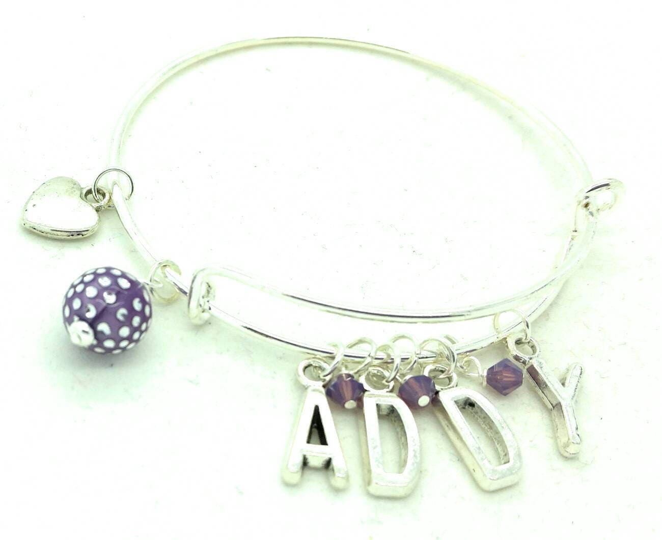 Girls Name Bangle, Girls Charm Bracelet, Girls Heart Bangle Bracelet ...