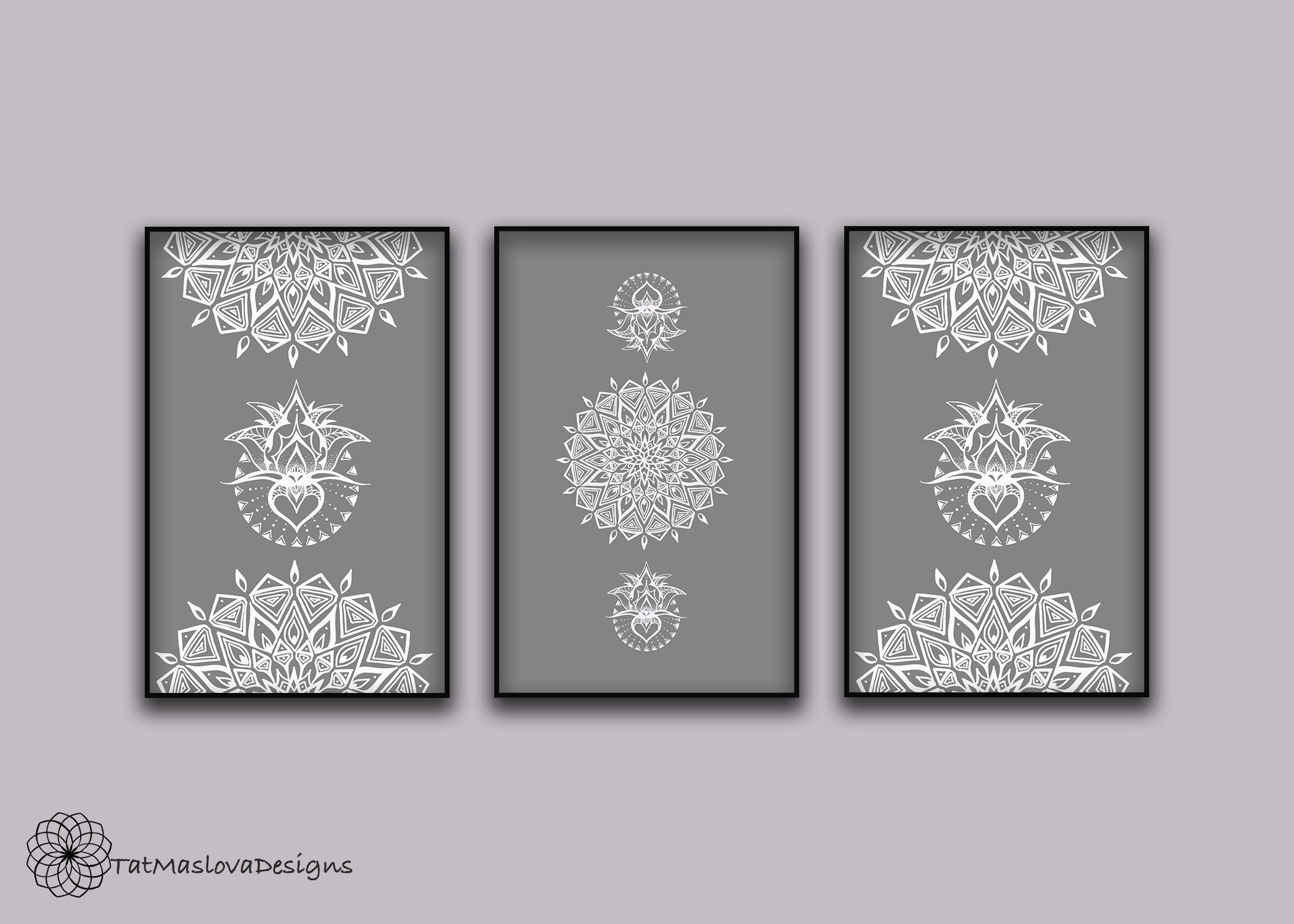 White and Grey Mandala Set, Digital Mandala Print Set, Set of 3 Prints ...