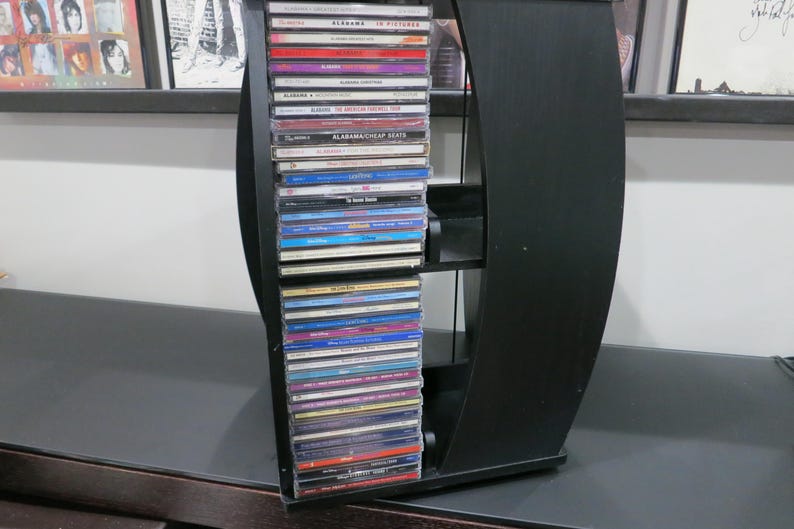 Vintage Black Wooden CD Storage Tower: Rotating Media Holder, 160 Cds ...