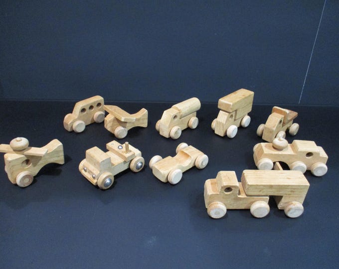 Vintage Unbranded Wooden Toy Play Set Cars Trucks Vans Tractor Trailer ...