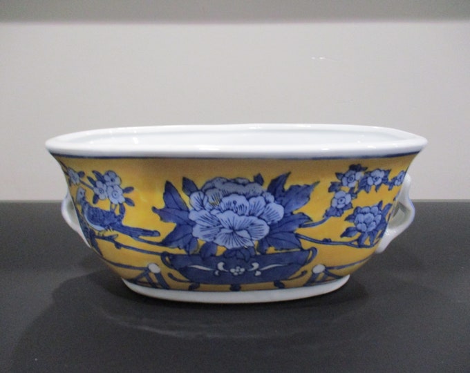 Large Vintage Blue & Yellow Chinese Center Bowl Serving Double Handled ...