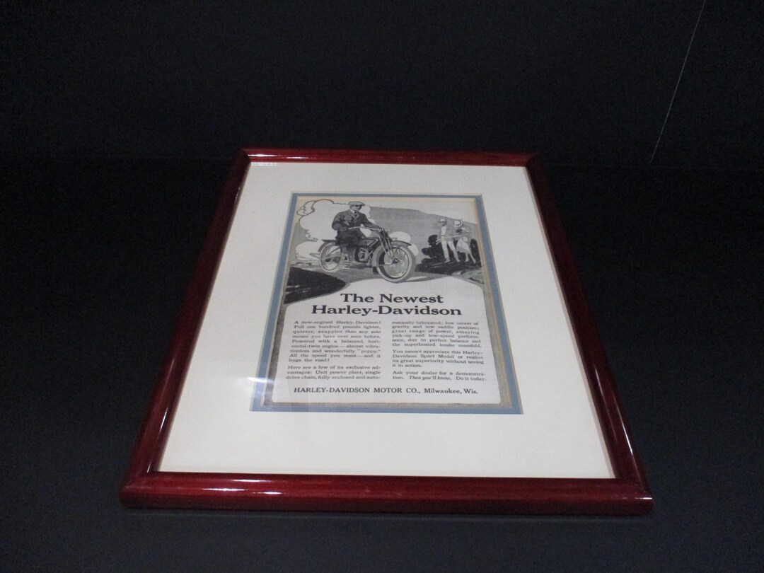 Vintage Framed 1930's Harley Davidson Motorcycle Advertisement 10x13 Cherry Wood Framed ...