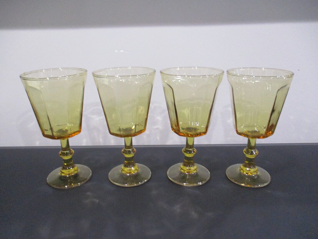 Set of Four Vintage Amber Panel Wine Water Beverage Glasses Excellent ...