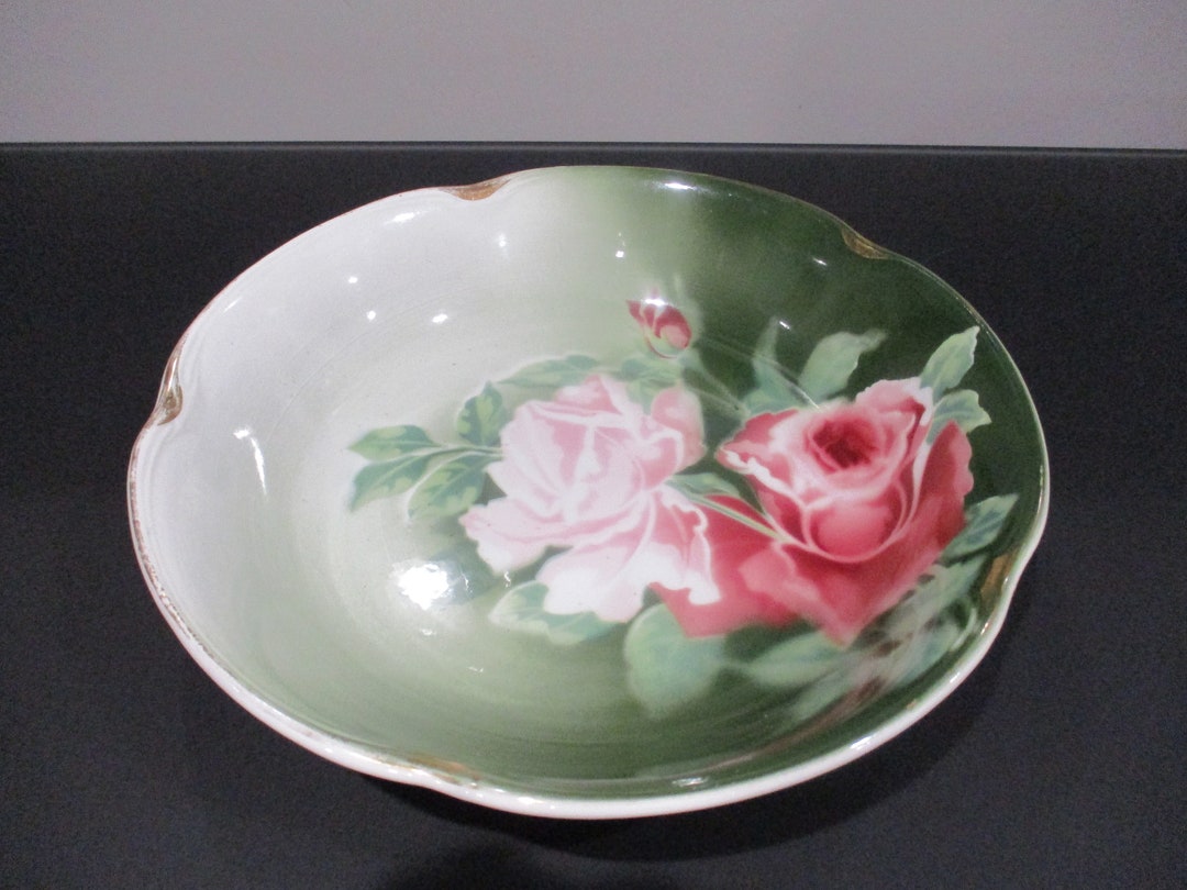 Stunning Vintage Hand Painted K&G France 9 Inch Bowl Red Rose Green ...
