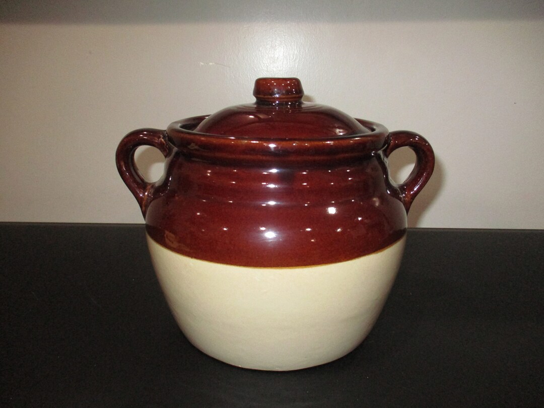 Vintage Monmouth Pottery Brown & Tan Double Handled Crock With Original ...