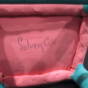 Rare Vintage Solveig Cox Pottery Cat Chair Teal Pink Beige With Mice ...