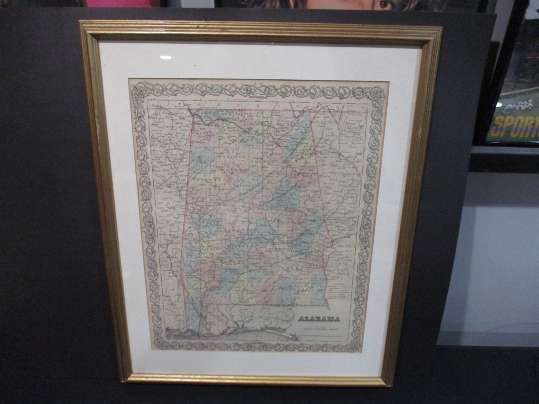Vintage Hand Painted Lithograph Map of Alabama 21x17 Framed and Mated ...