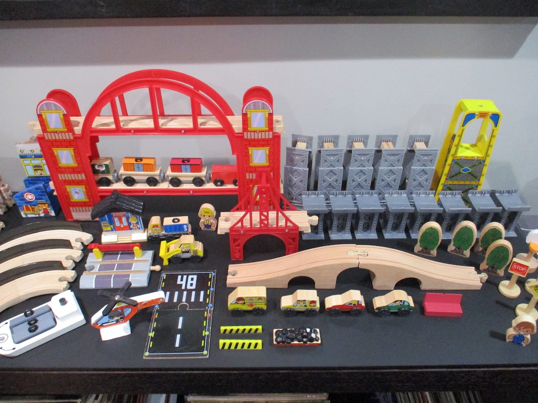Massive 103 Piece Vintage Brio Kid Kraft Wooden Train Set Town Cars ...