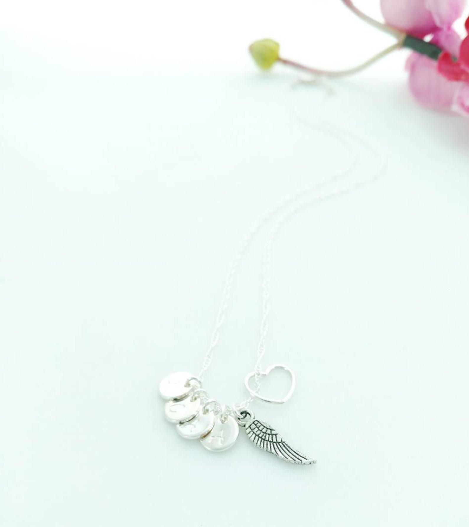 Remembrance Necklace With Initial Charms, Angel Wing, and Heart - Etsy