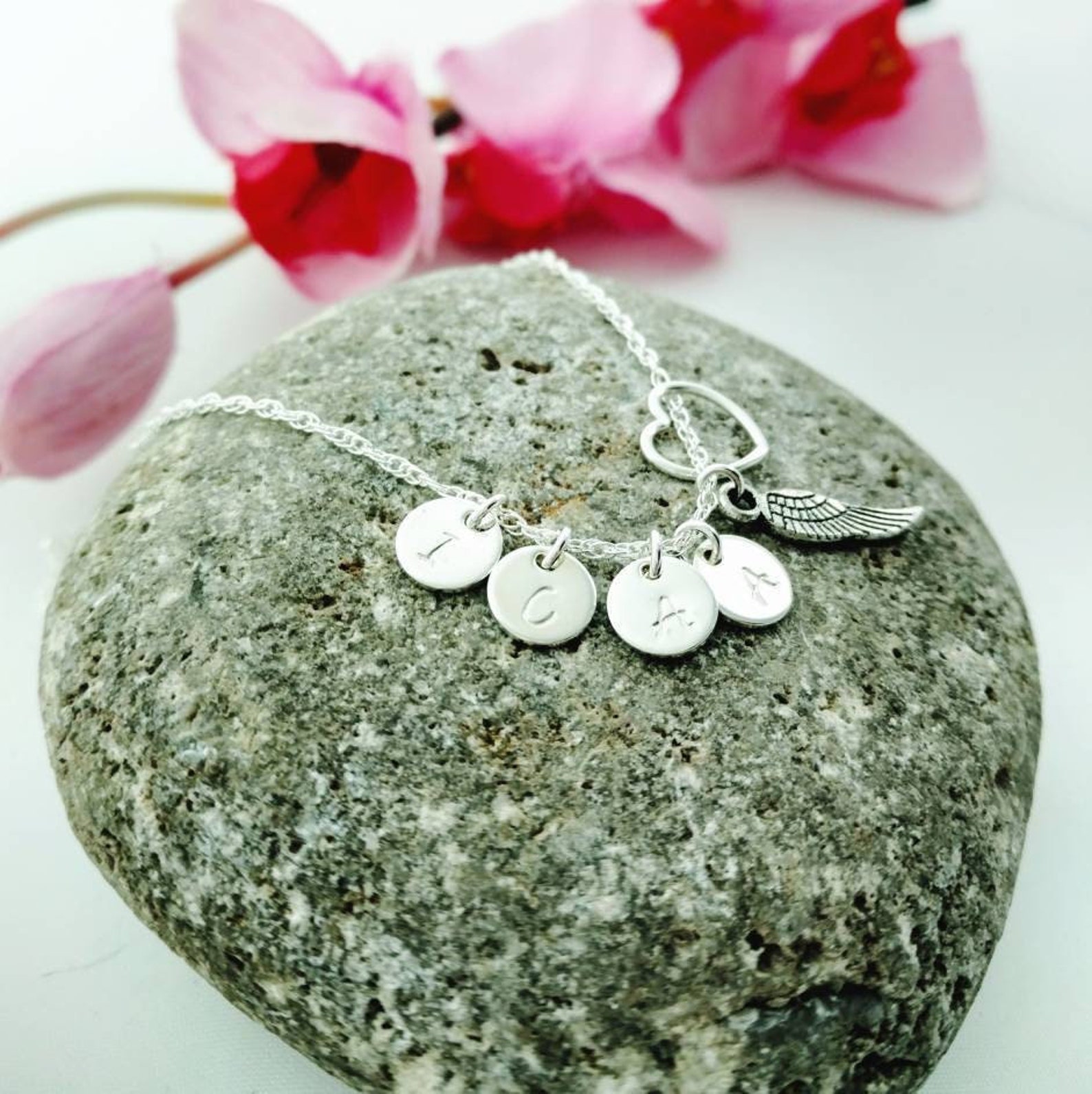 Remembrance Necklace With Initial Charms, Angel Wing, and Heart - Etsy