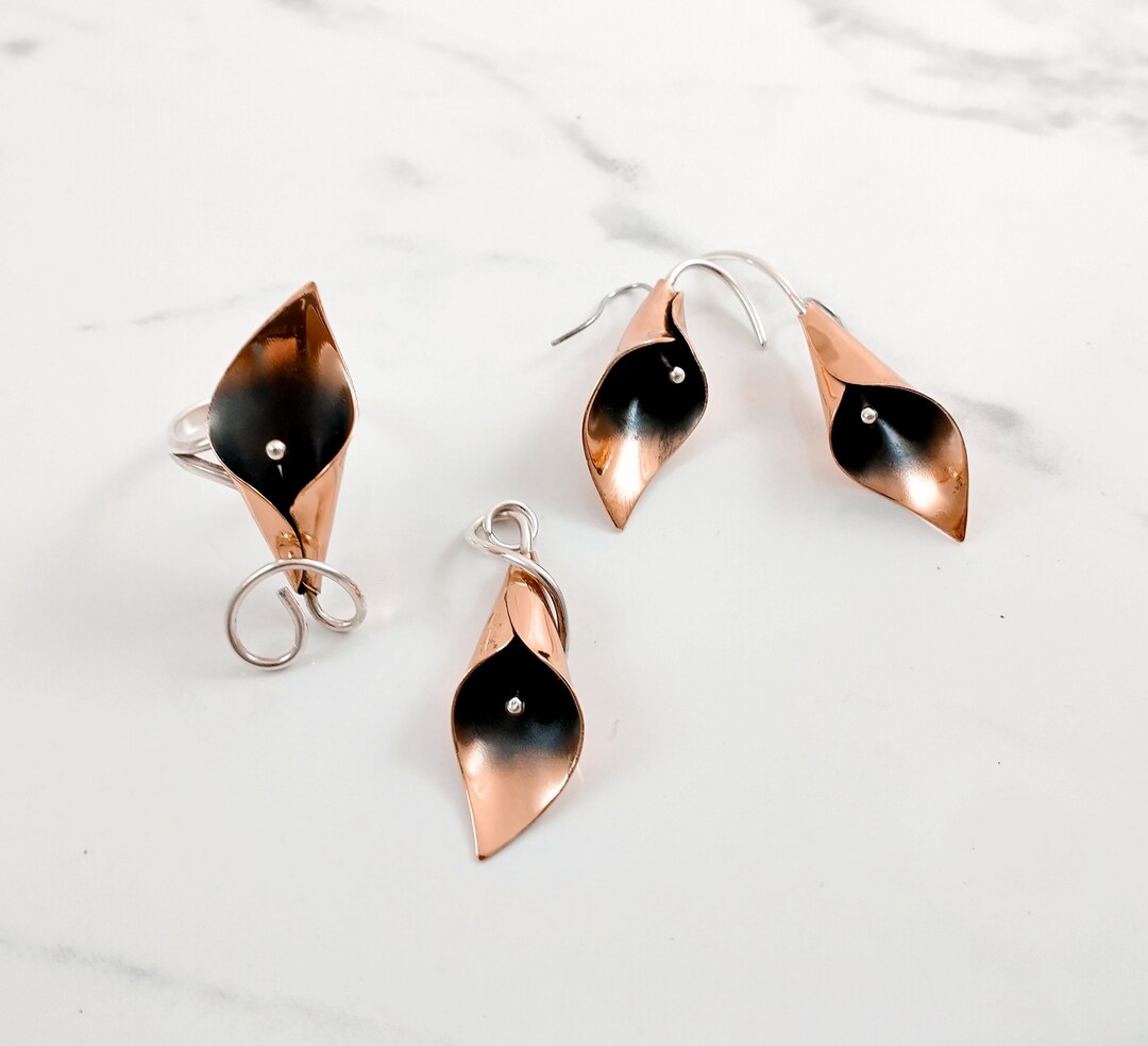 Vintage Stuart NYE Marked Copper and Sterling Calla Lily Earrings, Ring ...