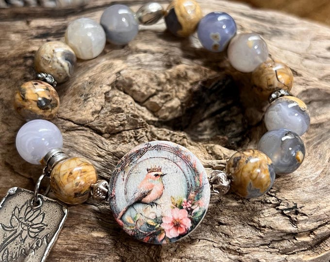 Cottage Core Songbird Beaded Stretch Bracelet , Awaken Charm , Boho ...