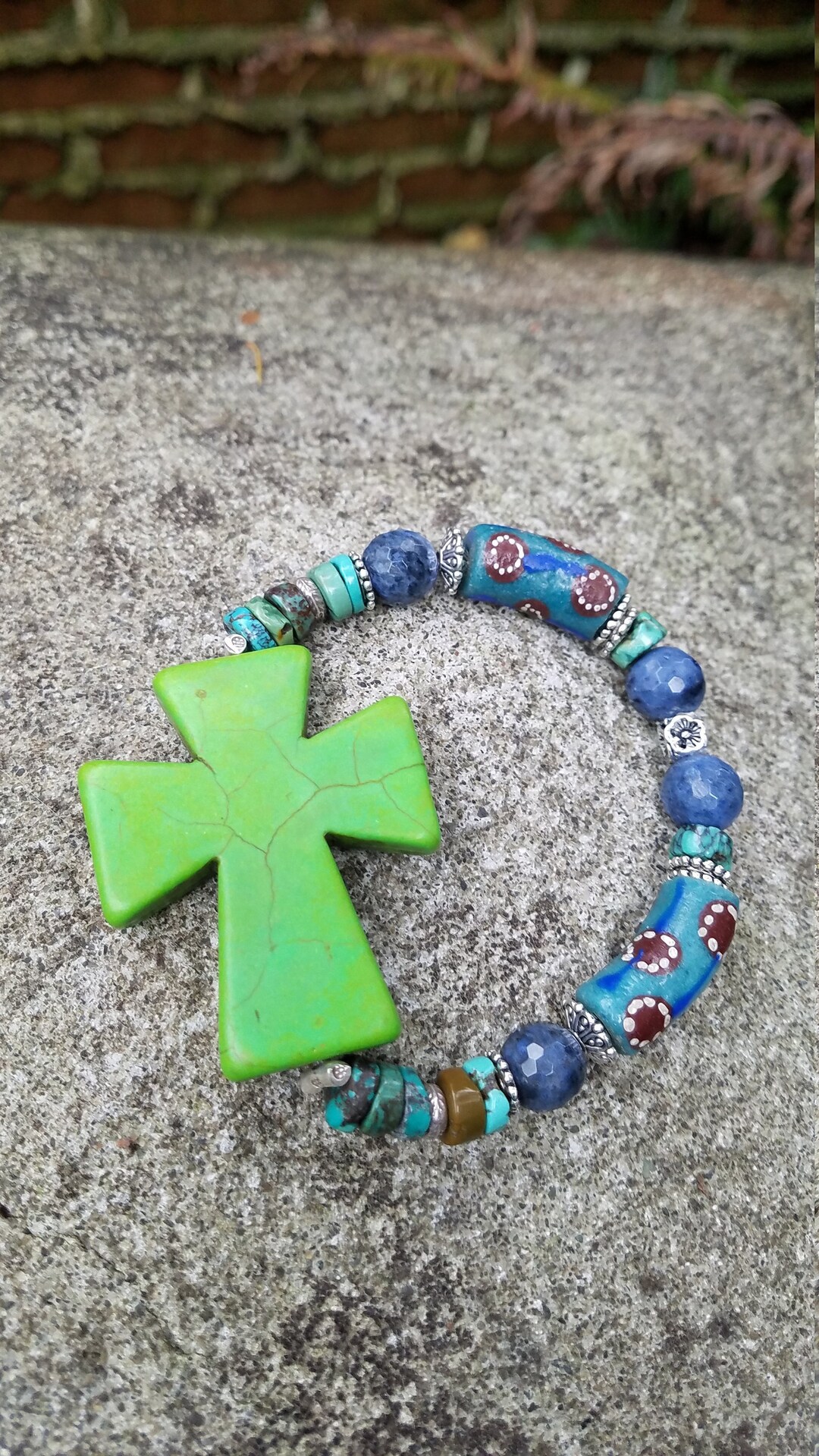 Green Howlite Cross Stretch Bracelet Vintage Trade Beads Silver Boho ...