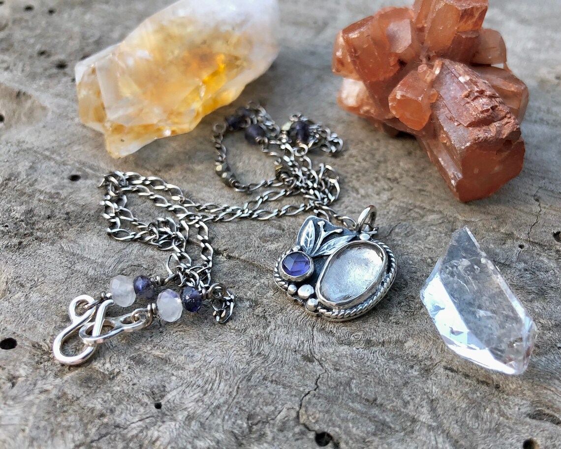 Quartz & Iolite Sterling Silver Nature Inspired Pendant // 18” Chain ...