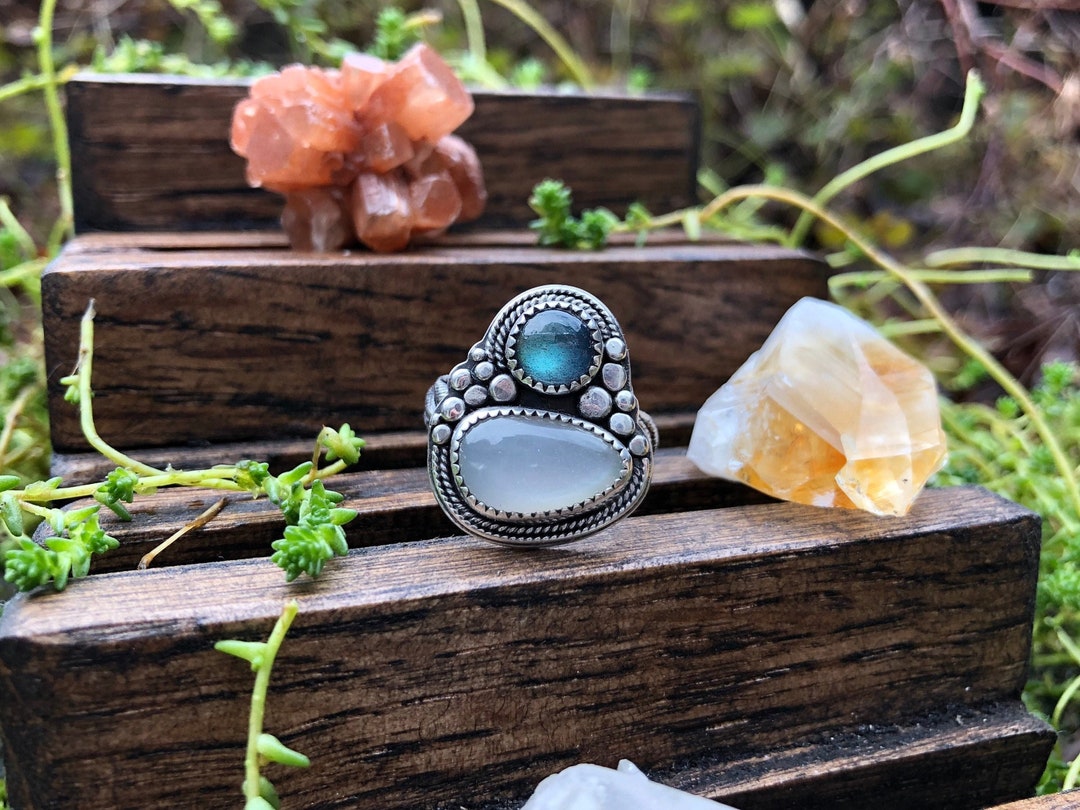Moonstone and Labradorite Sterling Silver Ring // Size 9.5 ...