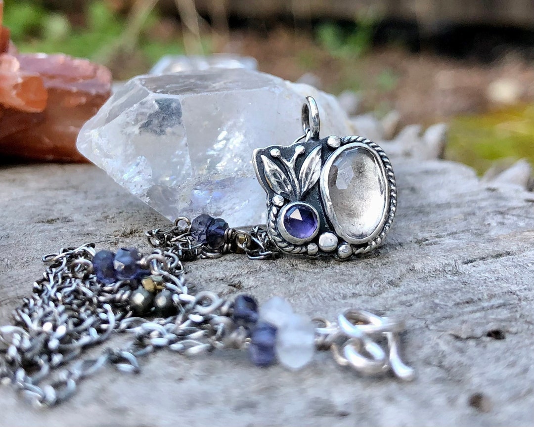 Quartz & Iolite Sterling Silver Nature Inspired Pendant // 18” Chain ...