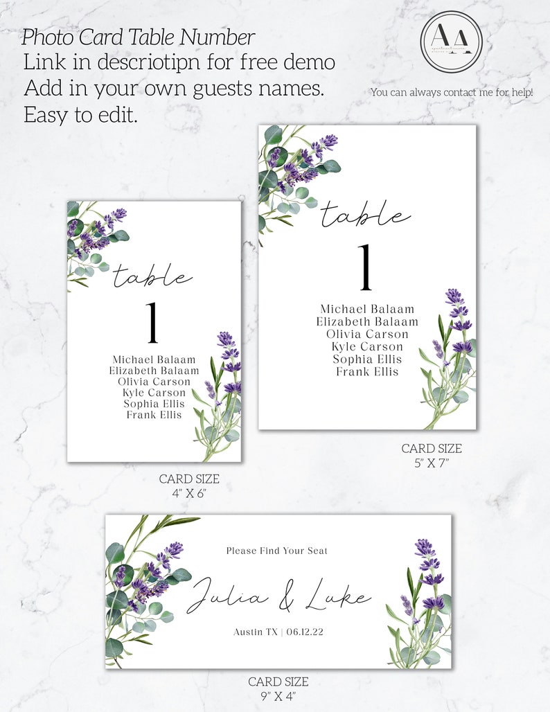 Lavender Eucalyptus Table Seating Chart Card, Lavender Sage Seating ...