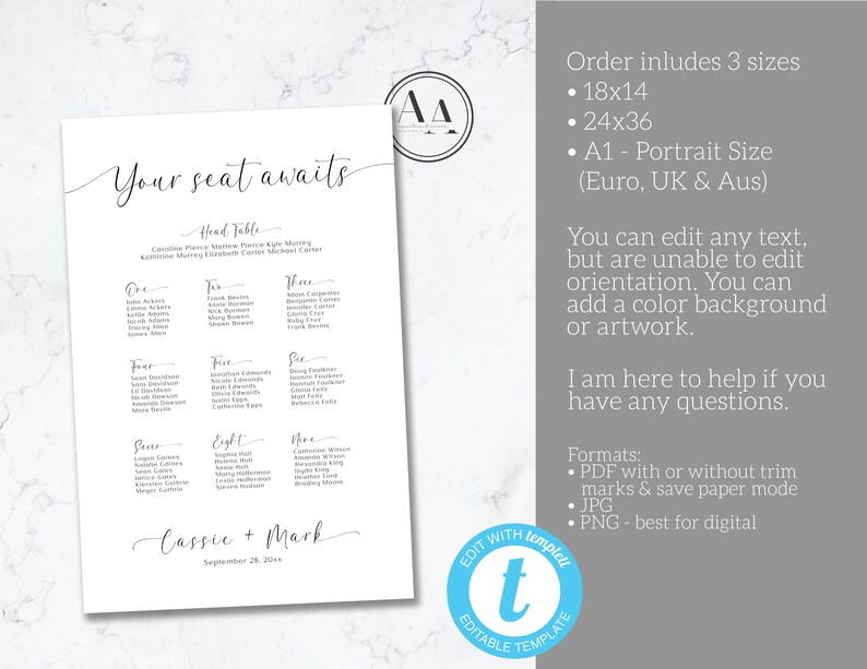 Classic Wedding Seating Table Sign Wedding Seating Plan Template ...