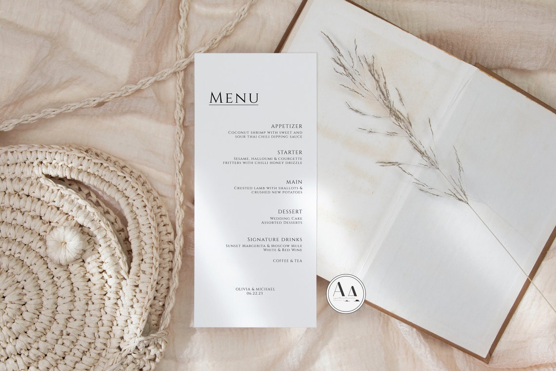 MINIMAL Wedding Menu Template, Minimalist Wedding Dinner Menu ...