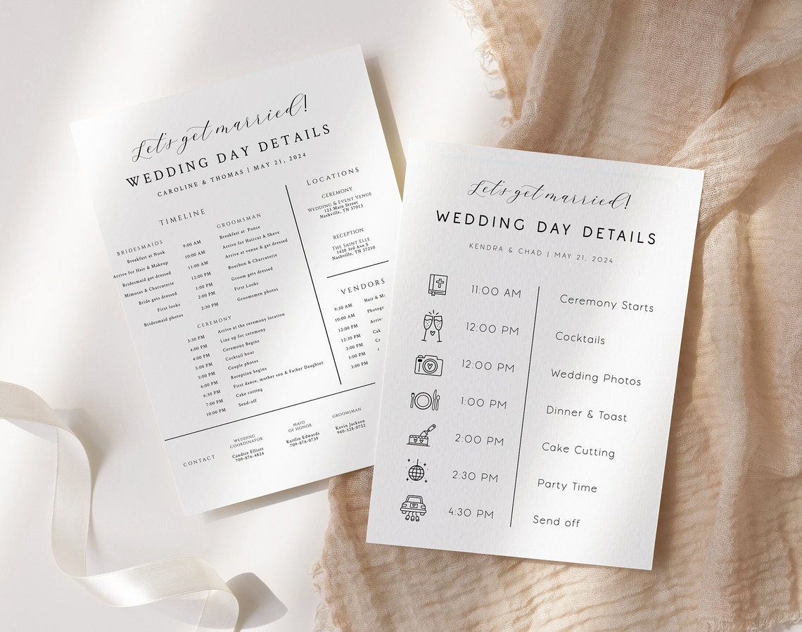 Day of Wedding Timeline Schedule Editable Wedding Day Template Wedding ...