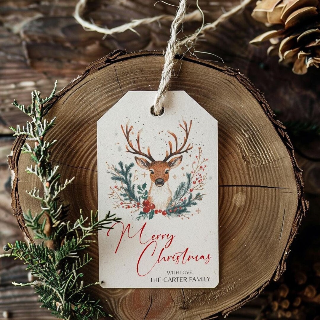 Reindeer Scene Christmas Gift Tag, Vintage Deer Merry Christmas Gift ...
