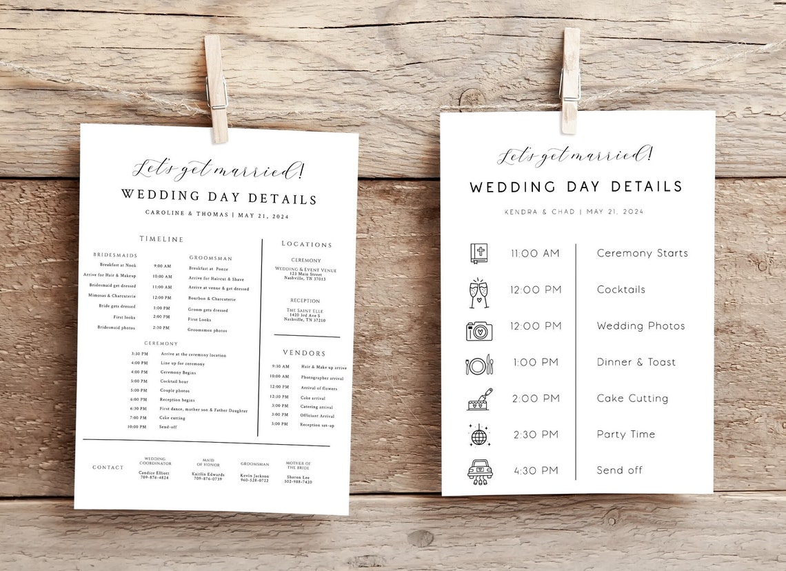 Day of Wedding Timeline Schedule Editable Wedding Day Template Wedding ...
