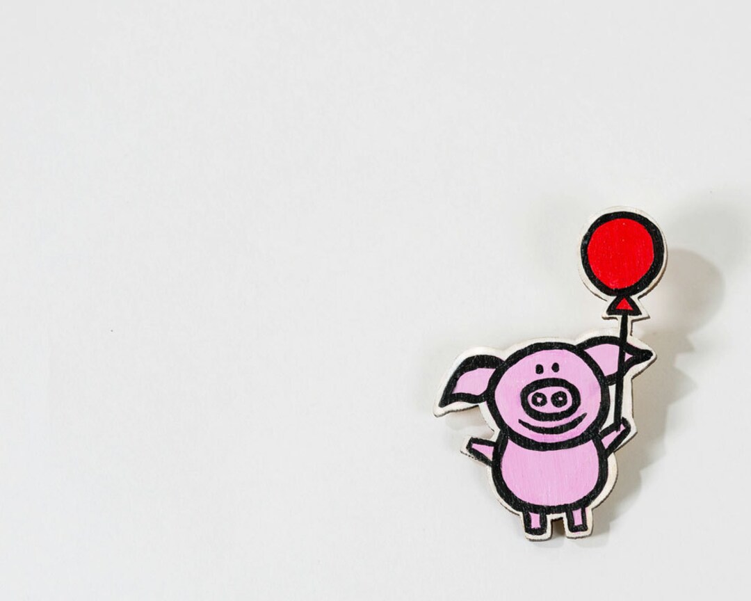 Wooden Fun Brooch: Pig With a Red Balloon, Girls Jewelry - Etsy